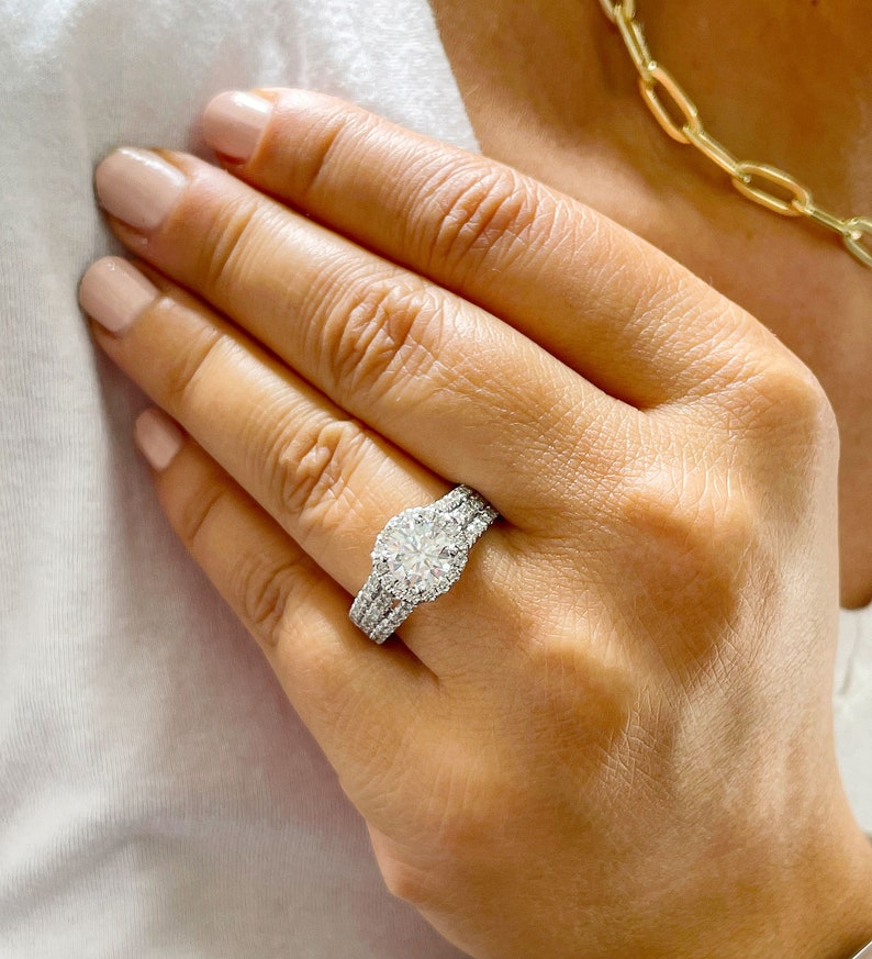 Triple Shank Style 14k White Gold Round Cut Moissanite and | Etsy