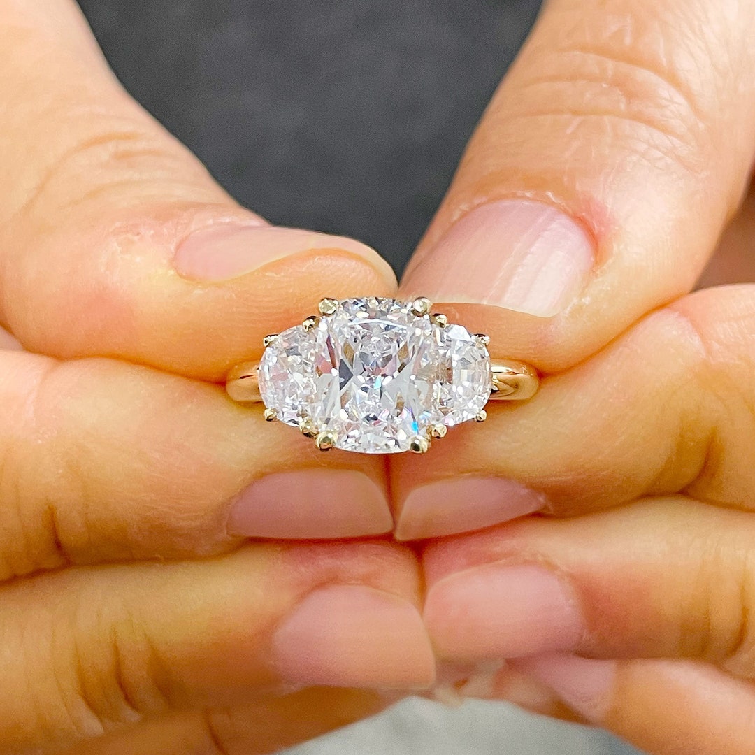 Cushion Cut Center and Half Moon Shape Sides Diamond Engagement Ring ...