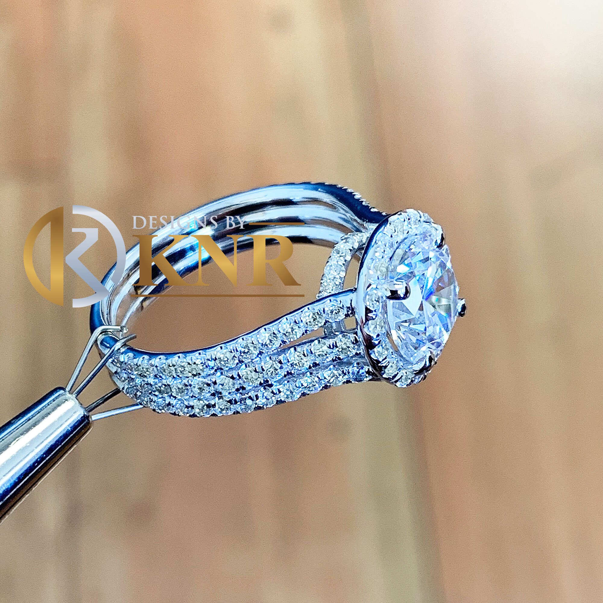 Triple shank style 14k White Gold Round Cut Moissanite and | Etsy