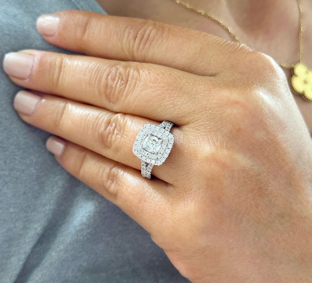 Cushion Cut and Round Cut Diamond Engagement Ring Double Halo Split ...