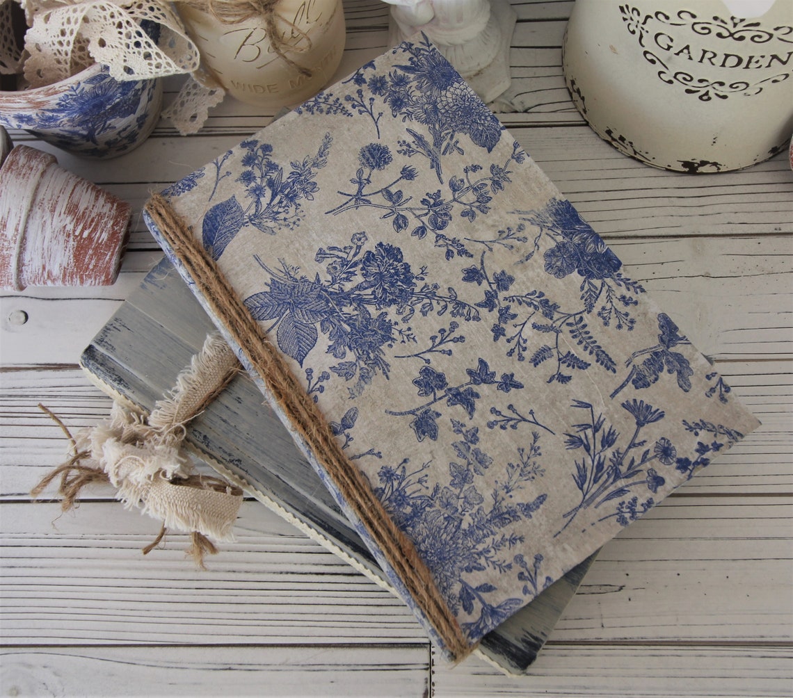 French Toile Design Book Stack, Blue and Floral Decor Books, Farmhouse ...