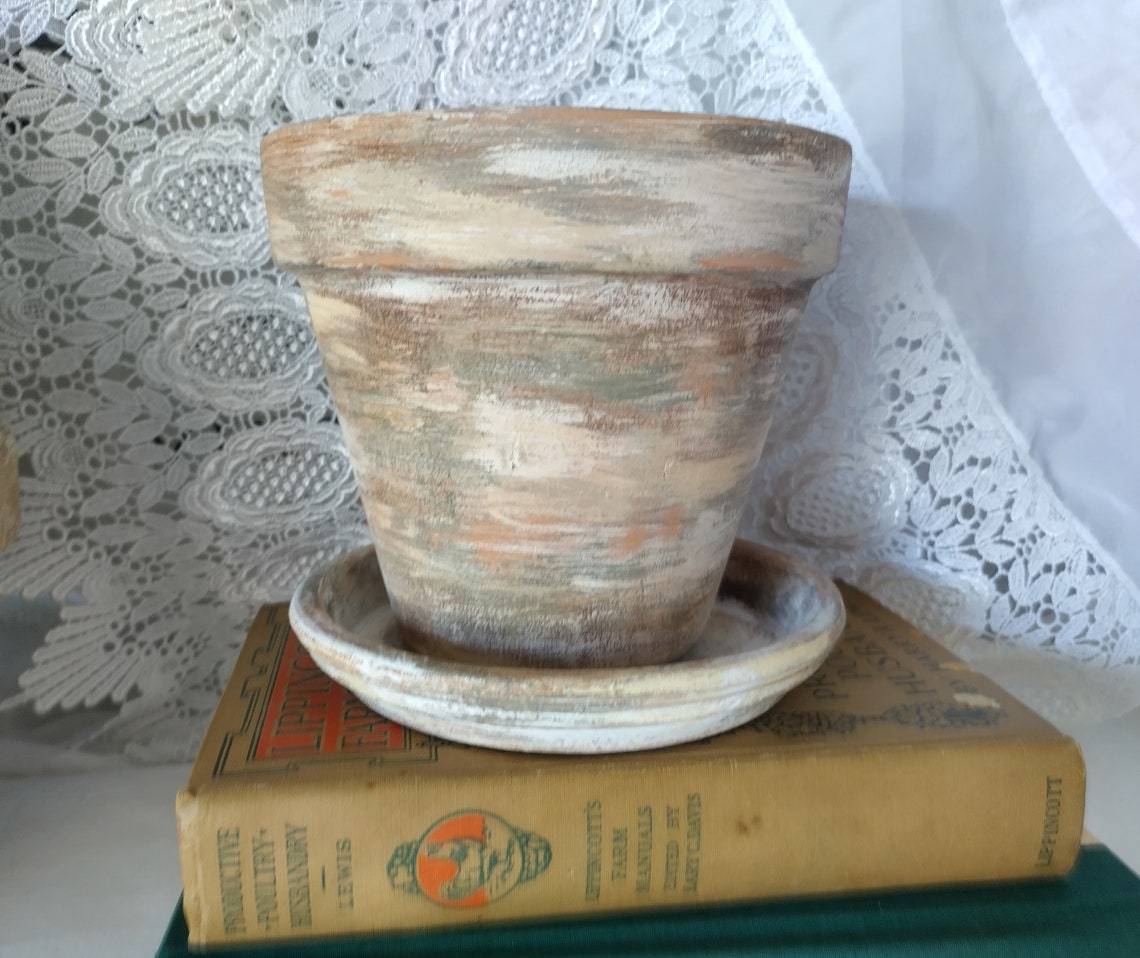 Hand Painted Aged Look, Distressed Terracotta Clay Pots, Saucers, 4 or ...