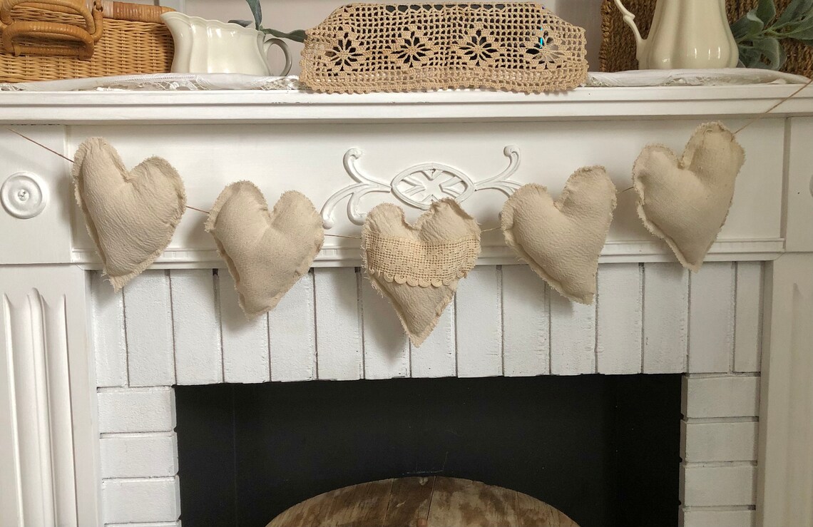 Primitive Heart Garland, Farmhouse Garland, Rustic Fabric Hearts, - Etsy