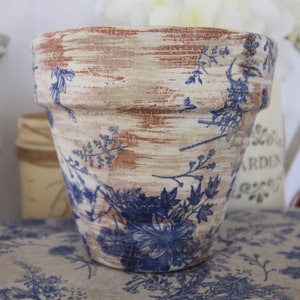Planter, Tissue Decoupage Toile Design, Blue Floral, Distressed White ...