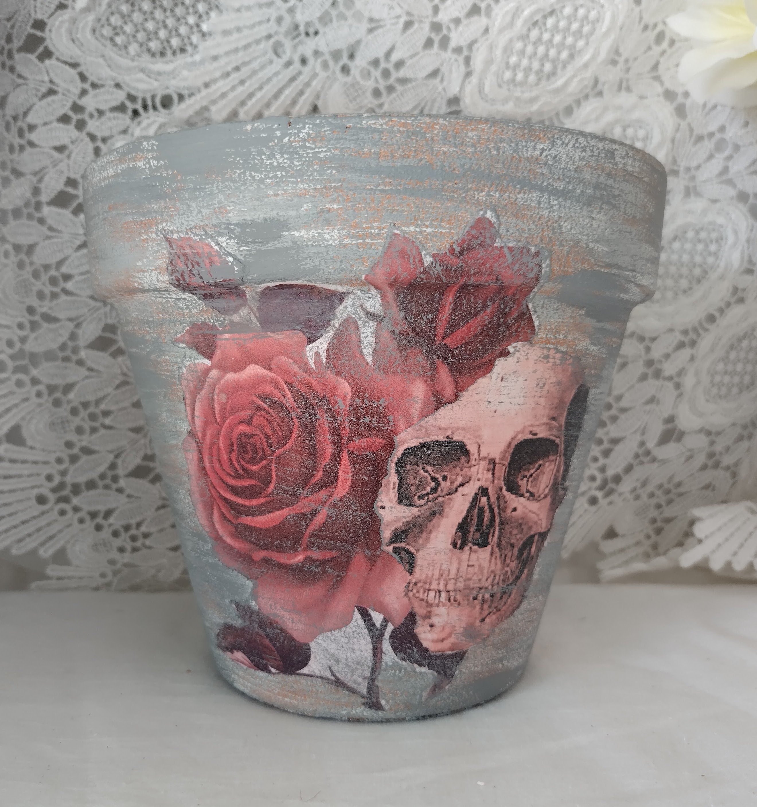 Gothic Skull and Roses Planter: Distressed Chalk Painted Terracotta Pot ...