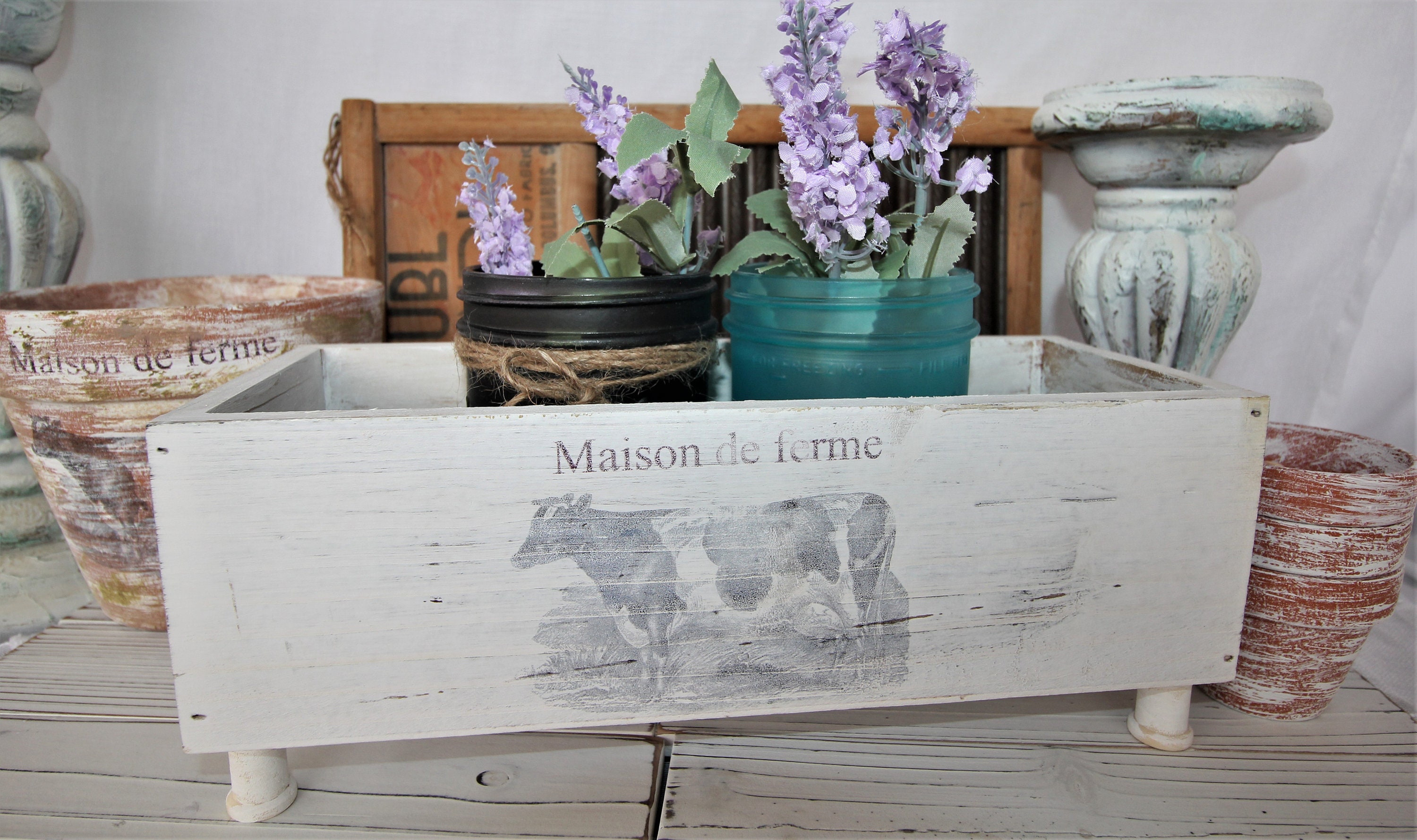 French Farmhouse Centerpiece, Cow and Sheep, Wood Footed Box, White ...