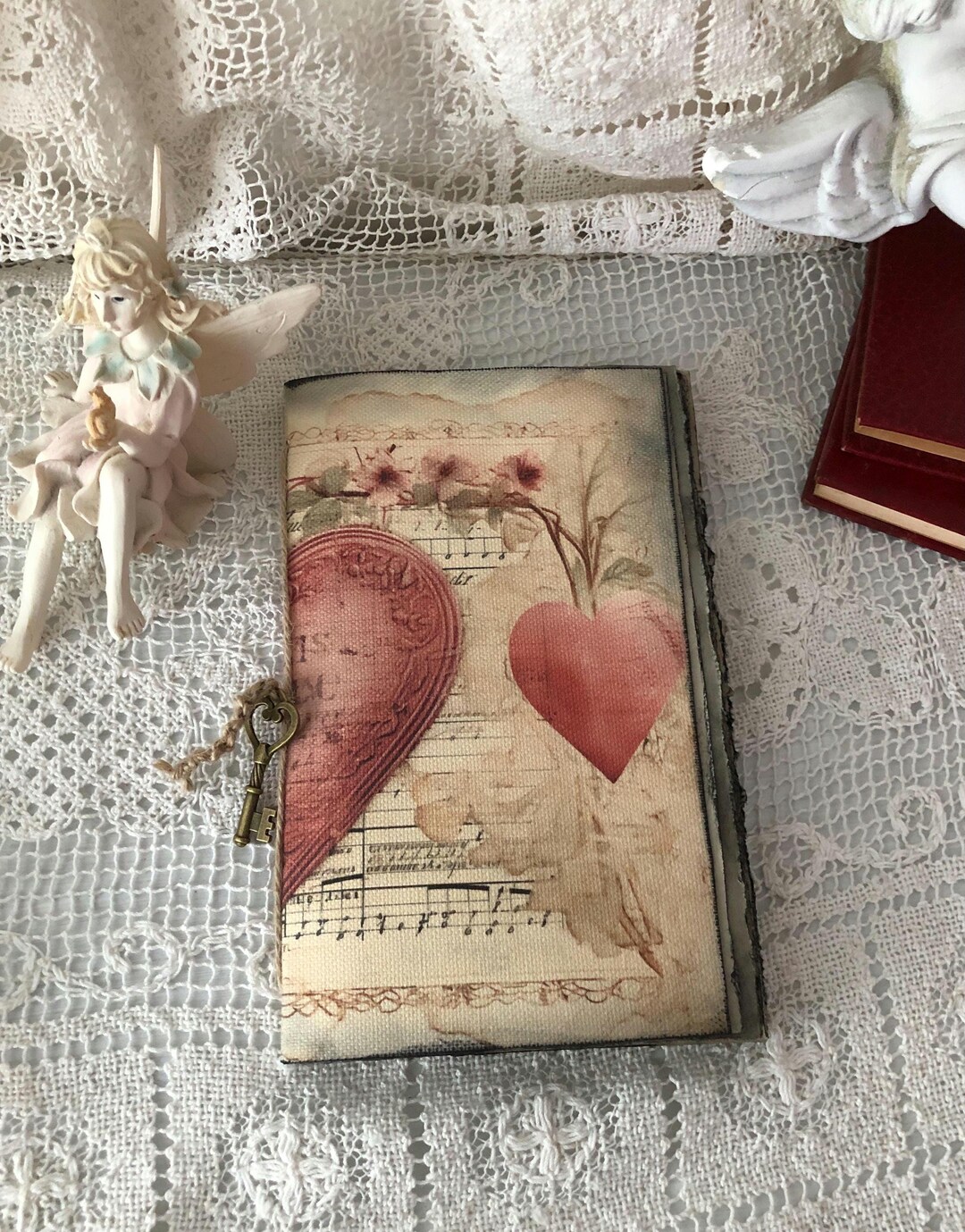 Handmade Writing Junk Journal, Valentine Gift, Hearts Roses Music Notes ...