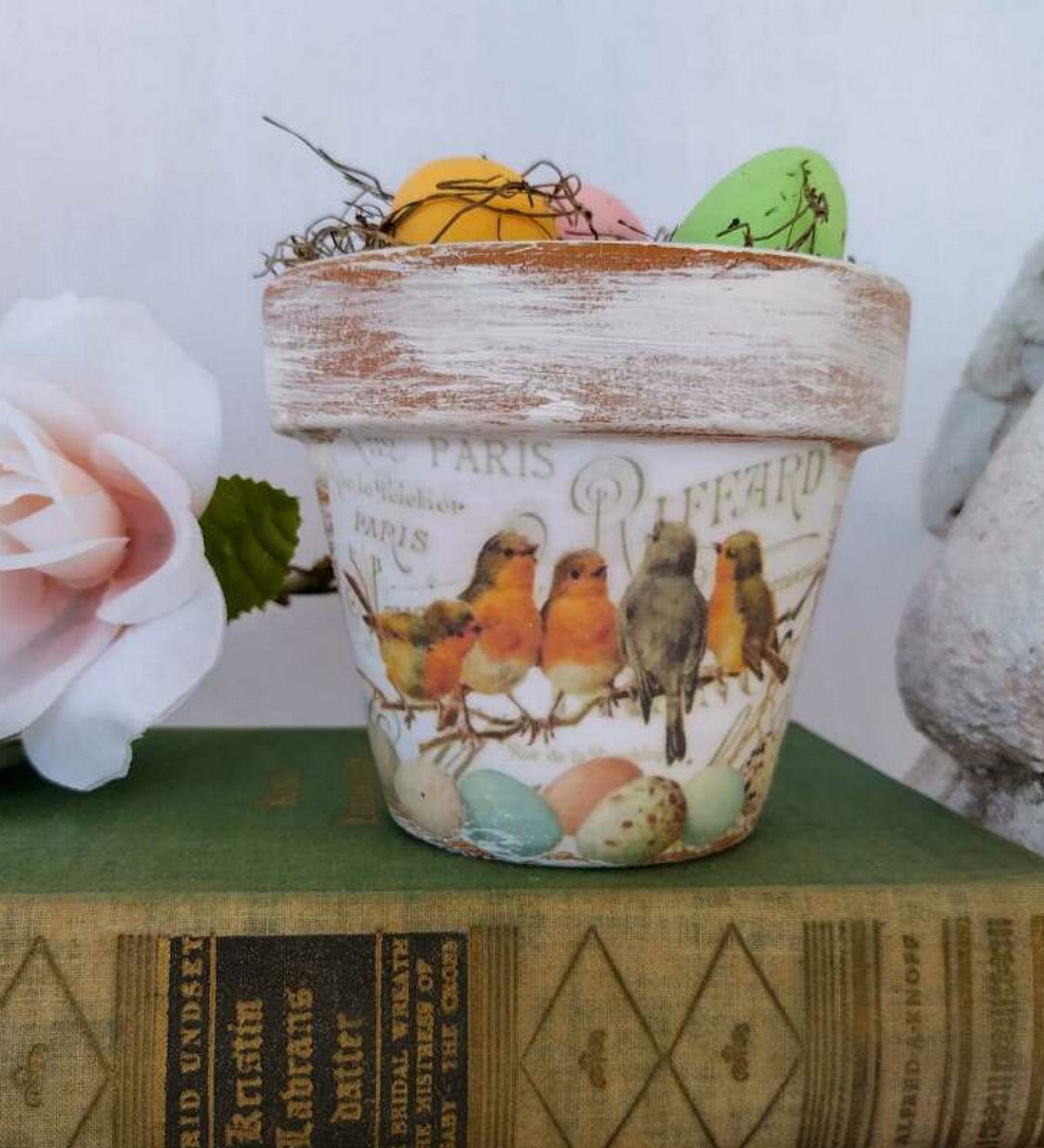 Robins and Eggs, Spring Paris Planter, Distress Chalk Painted, 4 In, or ...
