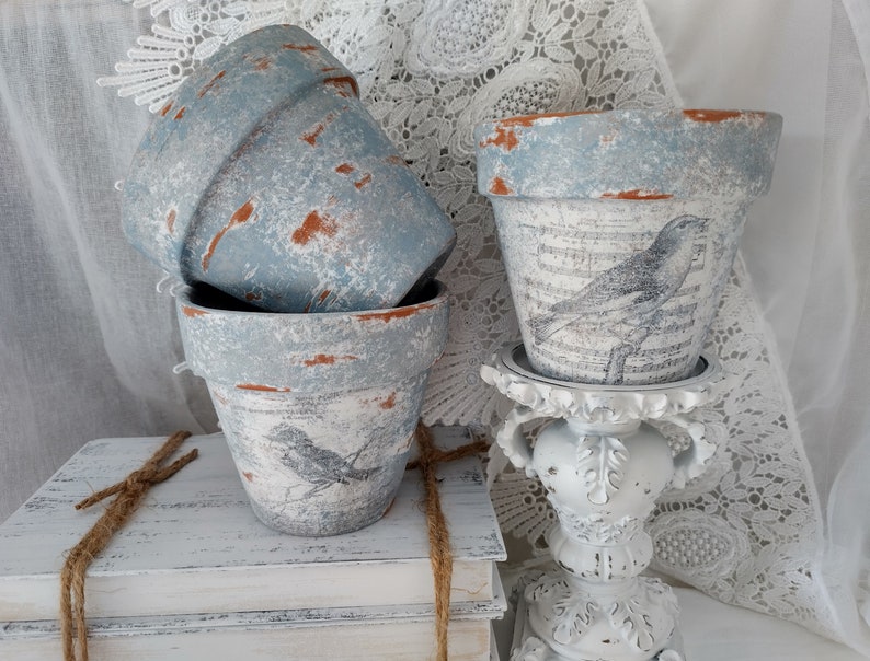 Songbird Collection Terracotta Planter Sets, Birds, Blue, Gray, White ...