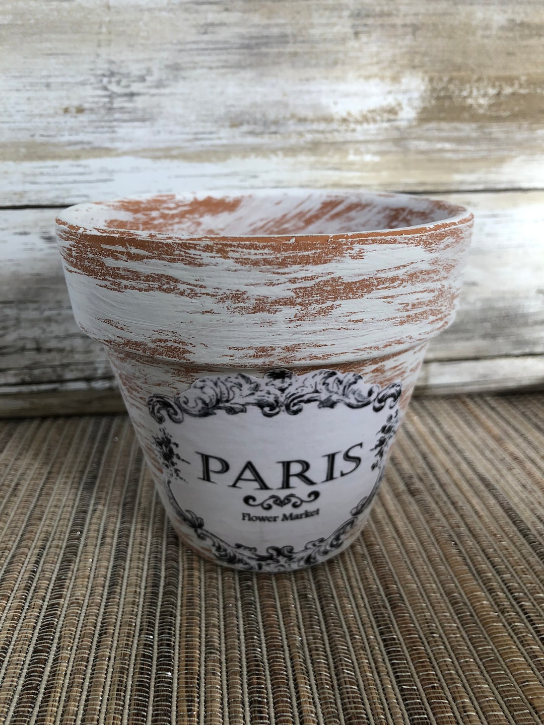 French Farmhouse, Chalk Paint Aged Clay Pot, Paris Flower Market Label ...