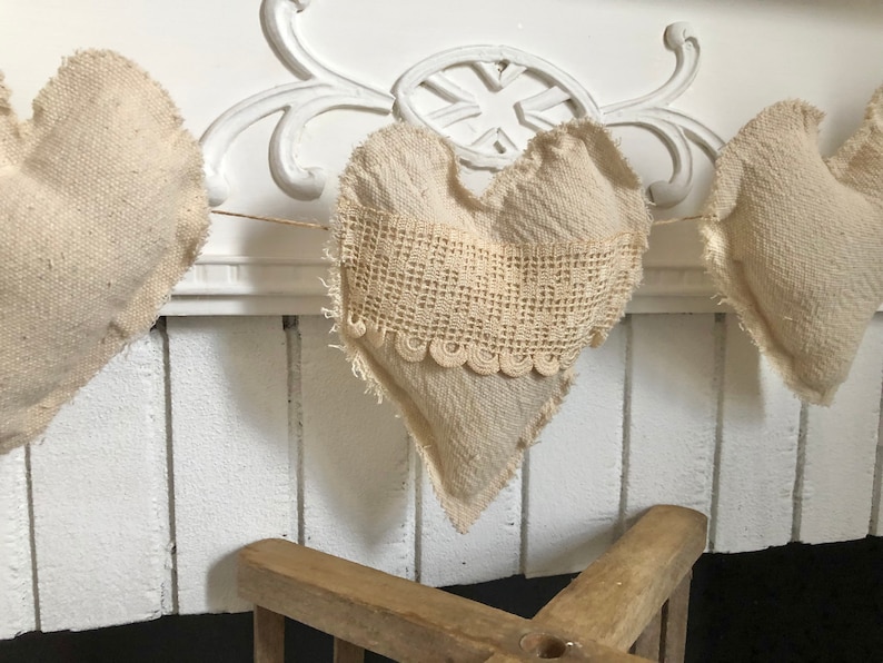 Primitive Heart Garland, Farmhouse Garland, Rustic Fabric Hearts, - Etsy