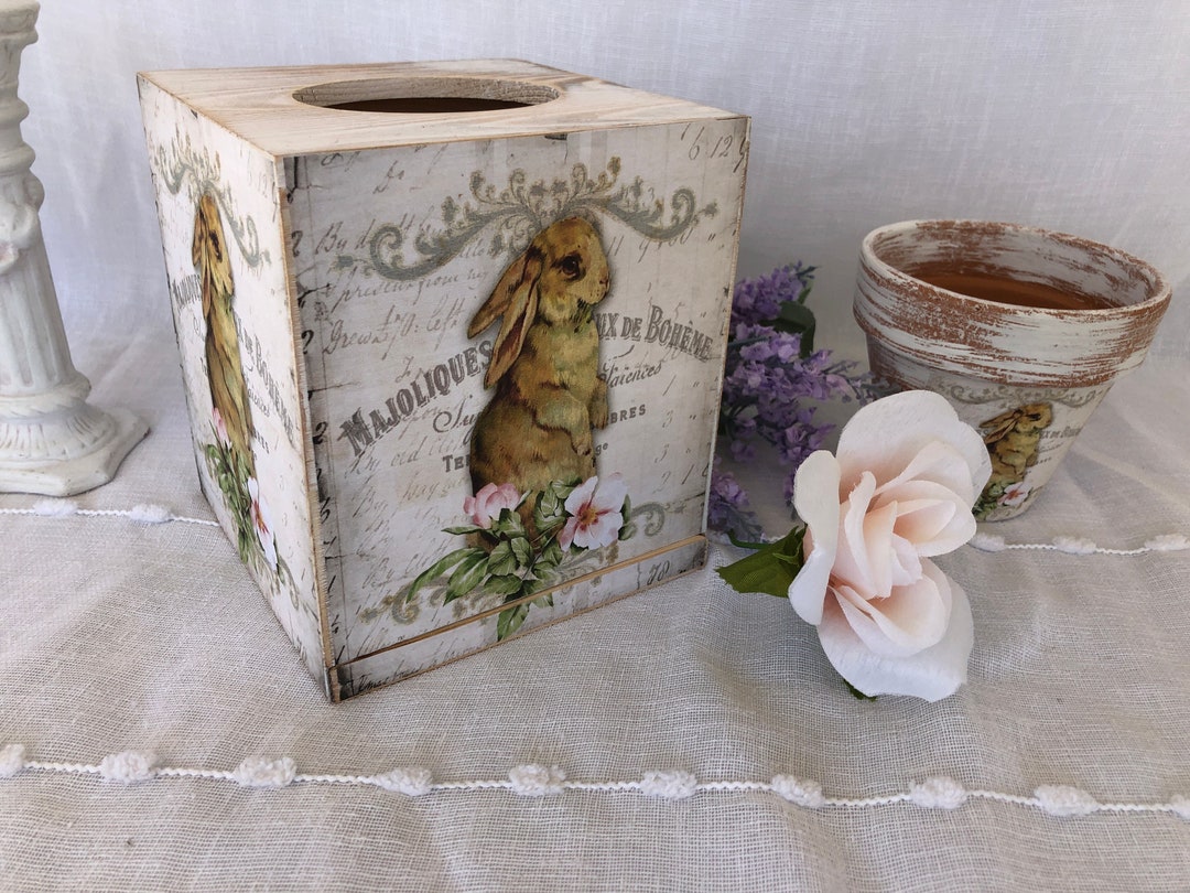 Bunny, French Script, Tissue Cover Box, Whitewashed Wood, French ...