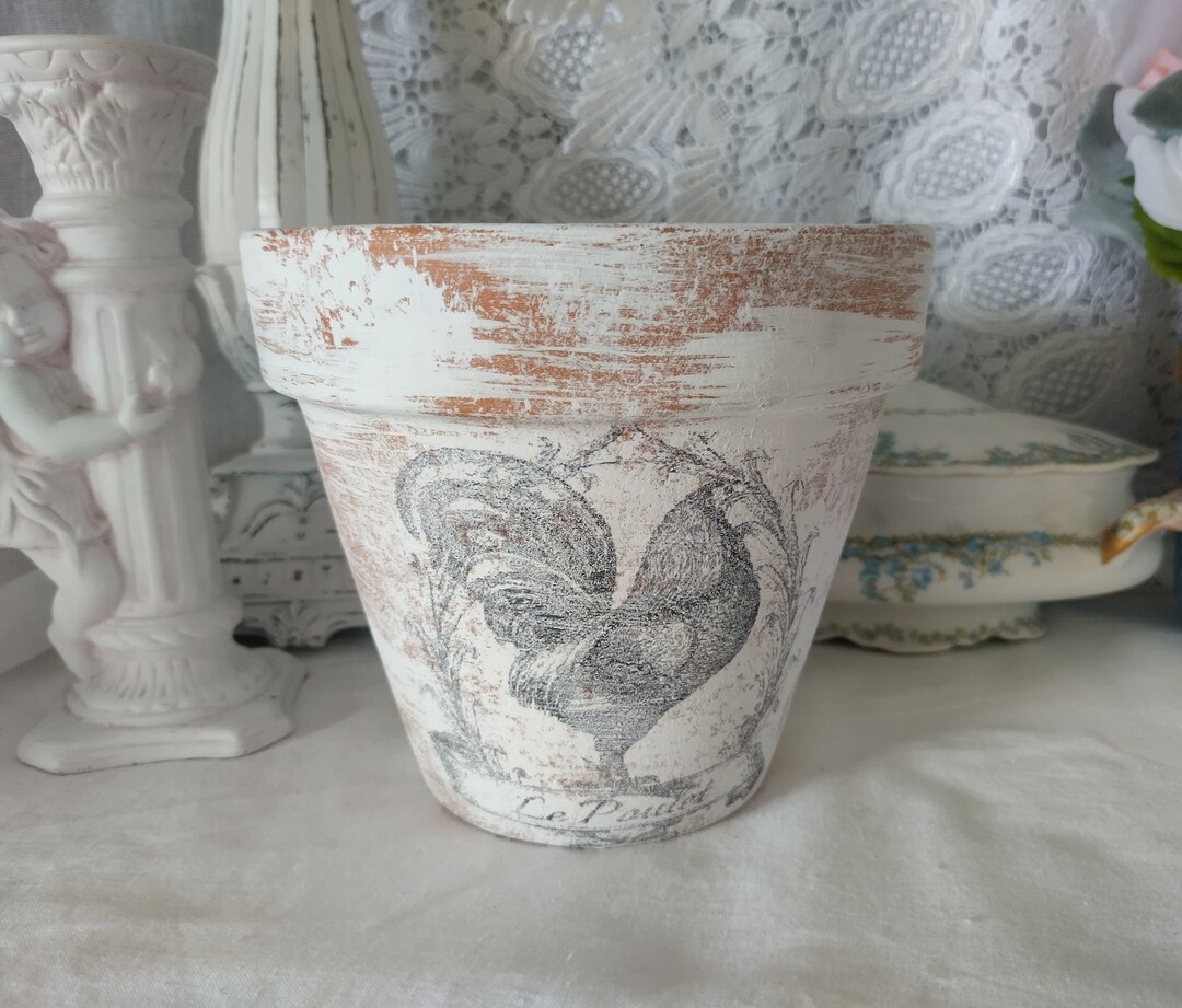 White, French Country Rooster, Terracotta Planter, Rustic Hen, Chicken ...
