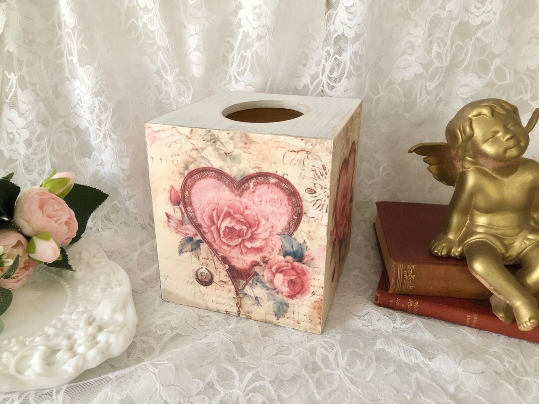 Tissue Box Cover, Pink Heart, Pink Rose, Shabby Chic Pink Rose, Vintage ...