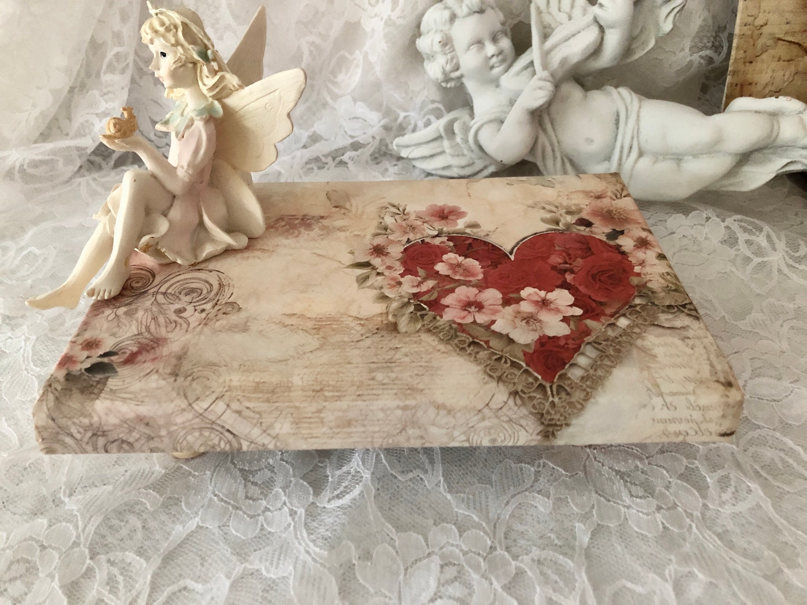 Valentine Riser, Hand Designed Book Riser, Roses and Heart, Shabby Chic ...