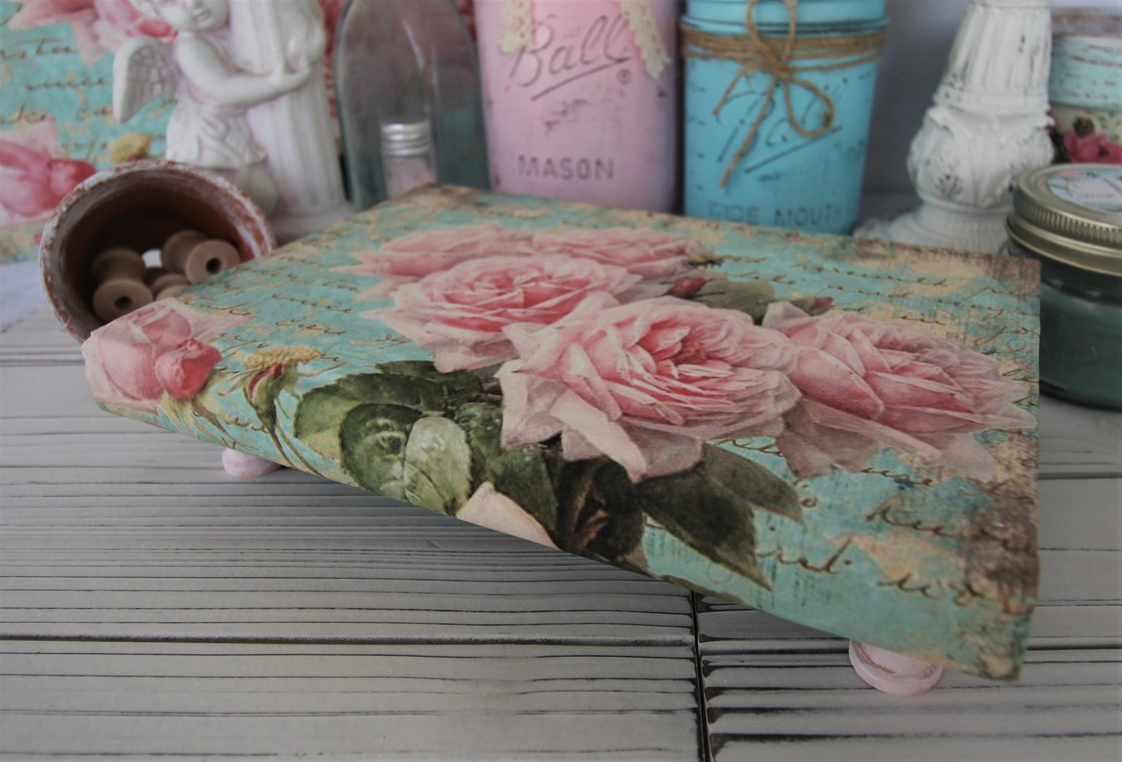 Aqua Book Riser, Pink Roses, English Script, Paris Apt., French Country ...