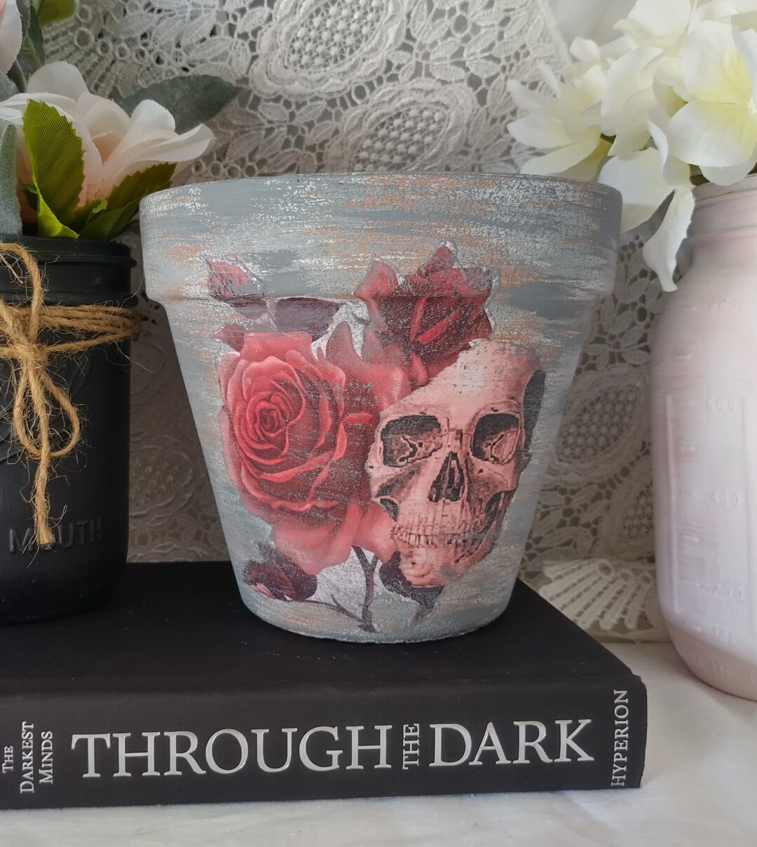 Gothic Skull and Roses Planter: Distressed Chalk Painted Terracotta Pot ...