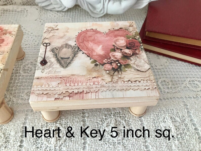 Small 5 Inch Wood Riser, Roses and Heart, OR Heart and Key, Shabby Chic ...