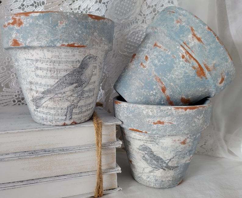 French Country Blue, Gray, White, Terracotta Planter, Rustic ...