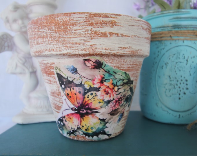 Decoupage Rainbow Butterfly, Hand Painted Distressed White, Terracotta ...
