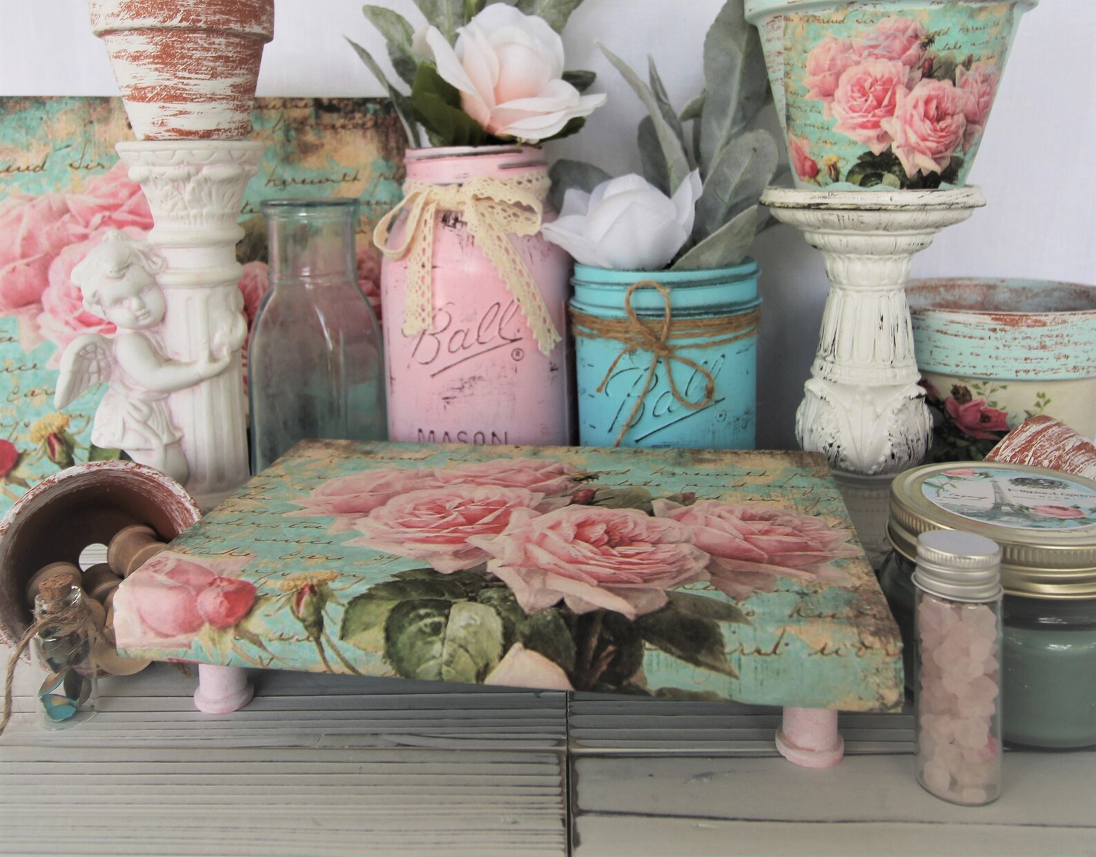 Aqua Book Riser, Pink Roses, English Script, Paris Apt., French Country ...