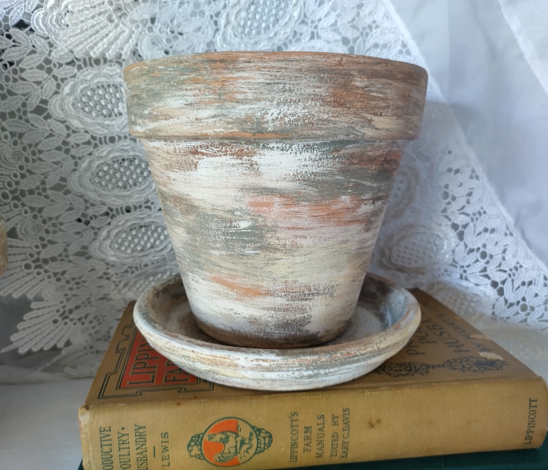 Hand Painted Aged Look, Distressed Terracotta Clay Pots, Saucers, 4 or ...