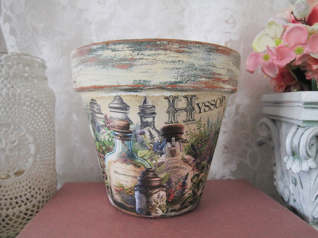 Hyssop Apothecary, Herb Theme, Terracotta Clay Pot, Hand Painted ...