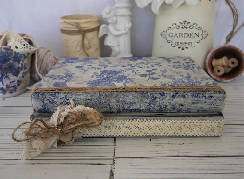 French Toile Design Book Stack, Blue and Floral Decor Books, Farmhouse ...