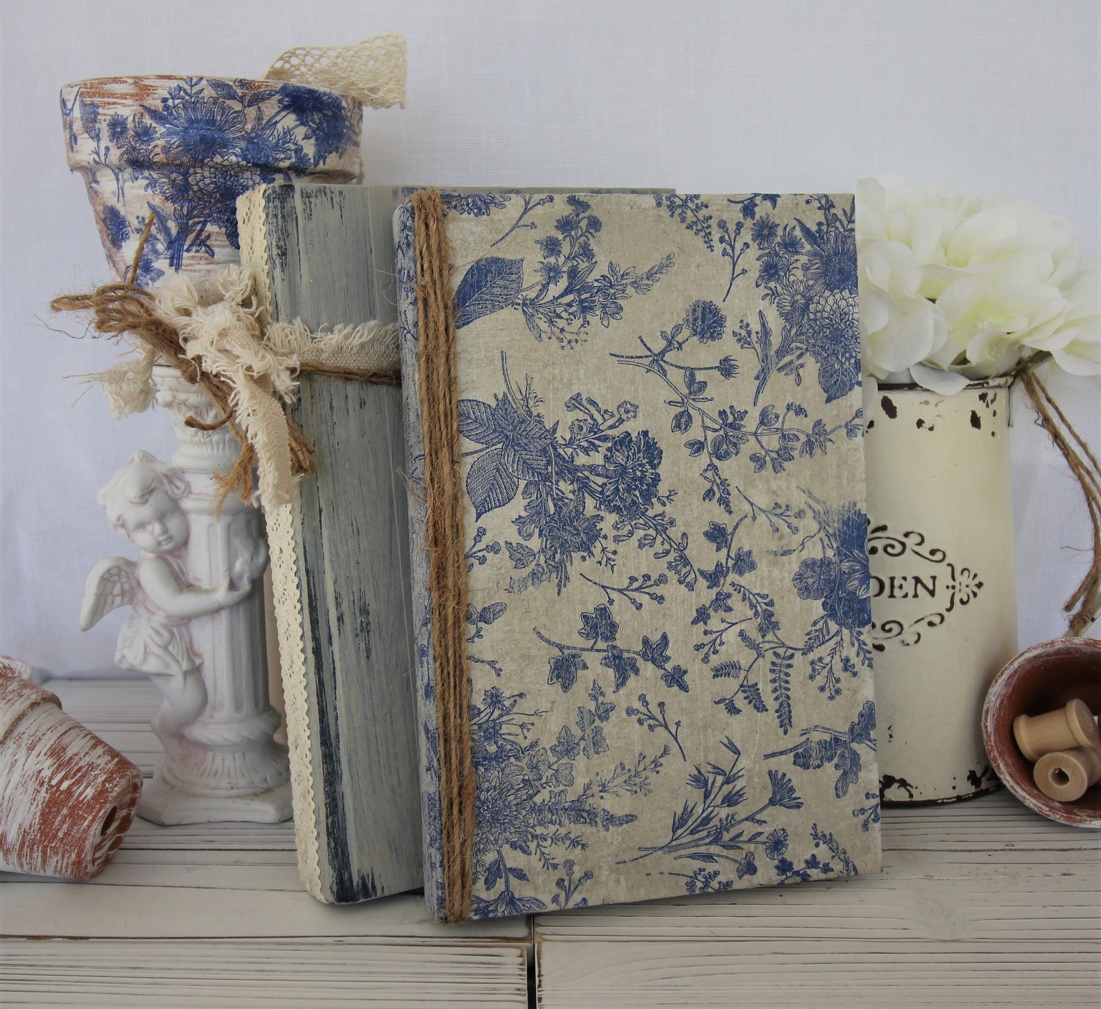 French Toile Design Book Stack, Blue and Floral Decor Books, Farmhouse ...