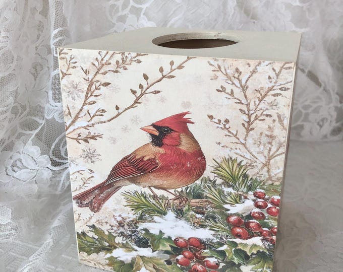 Tissue Box Cover, Cardinal, Snow and Holly, Buttercream Painted Wood ...