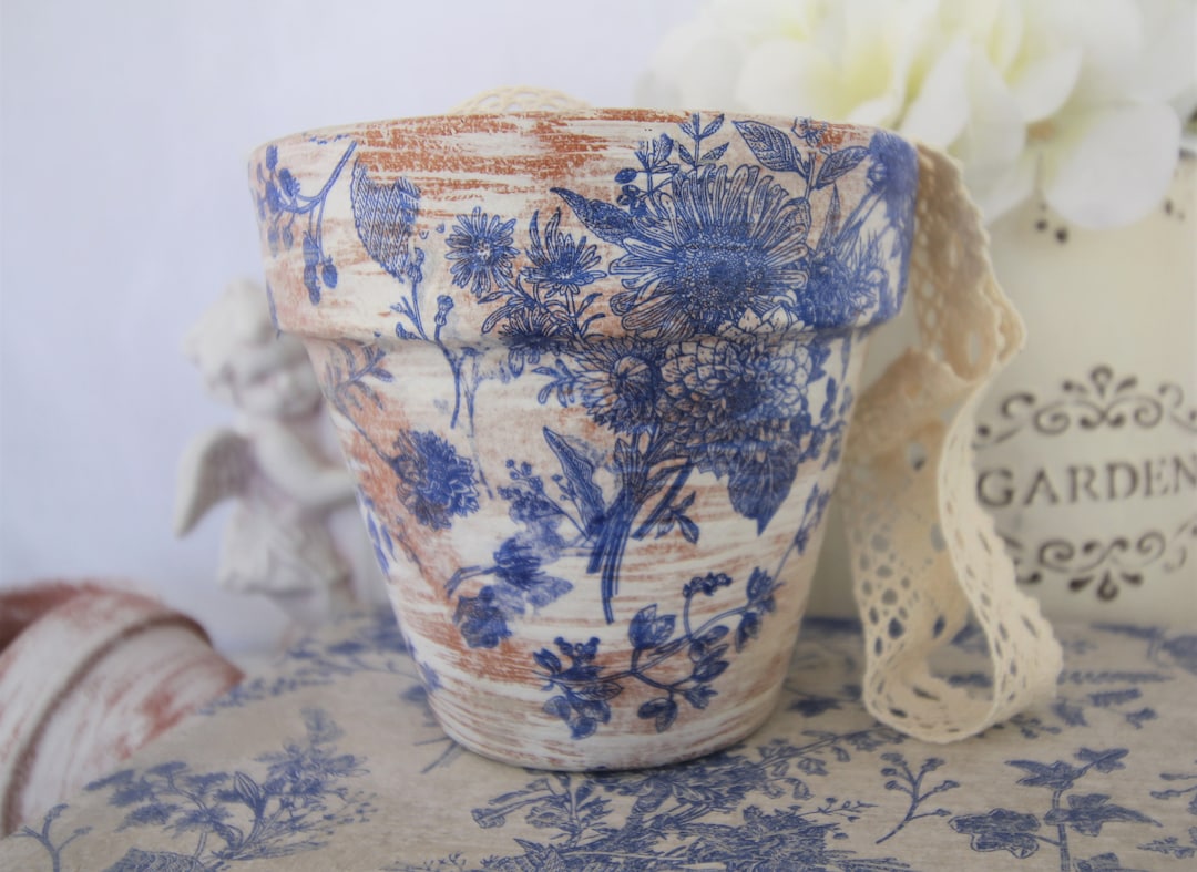 Planter, Tissue Decoupage Toile Design, Blue Floral, Distressed White ...