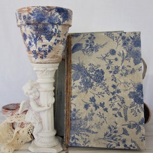 Planter, Tissue Decoupage Toile Design, Blue Floral, Distressed White ...