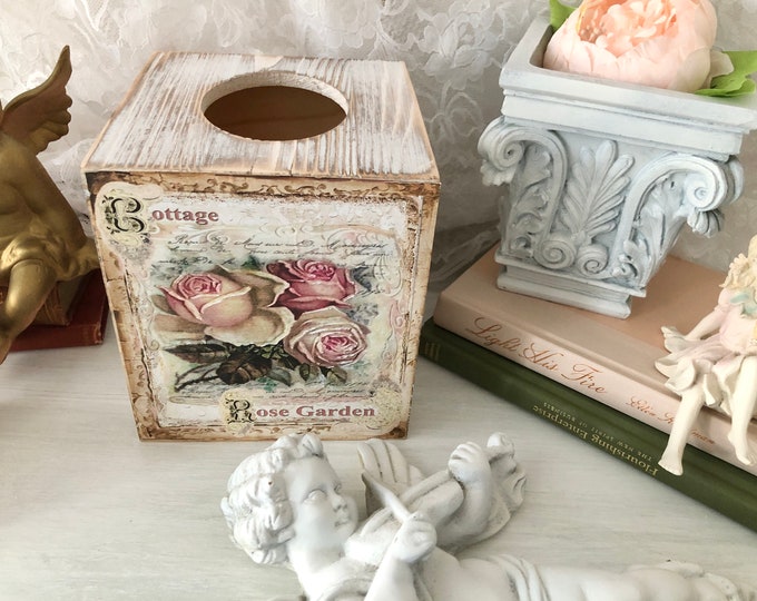 Tissue Box Cover, Shabby Chic, Whitewashed Wood, Decoupage, Pink Roses ...