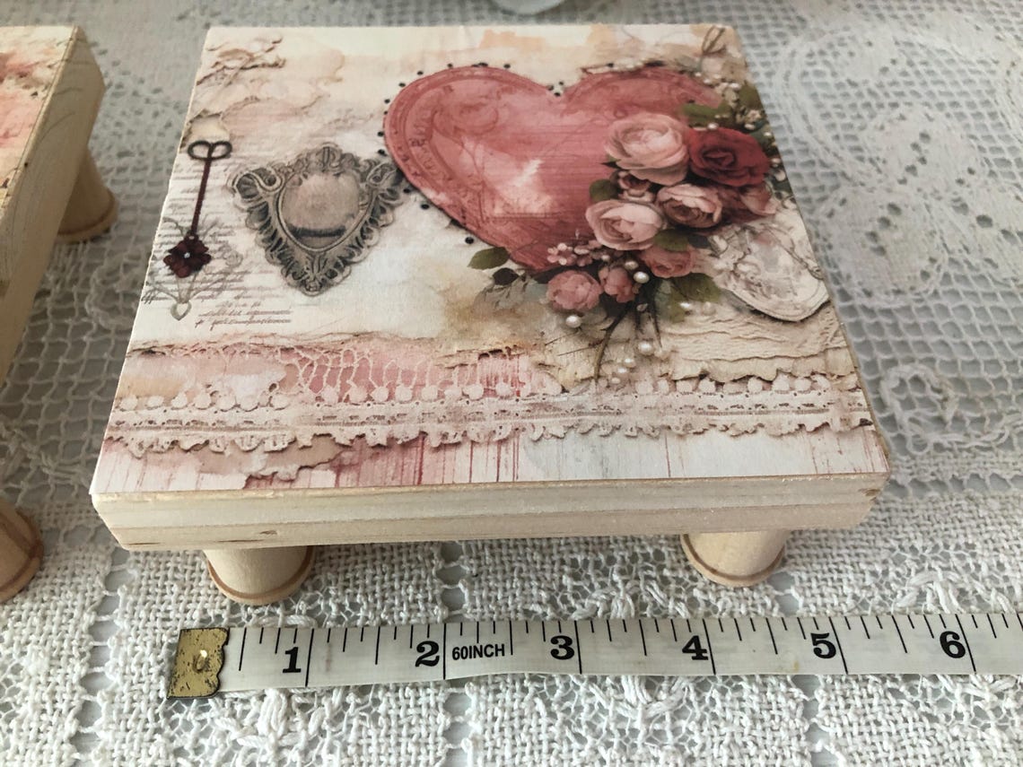Small 5 Inch Wood Riser, Roses and Heart, OR Heart and Key, Shabby Chic ...