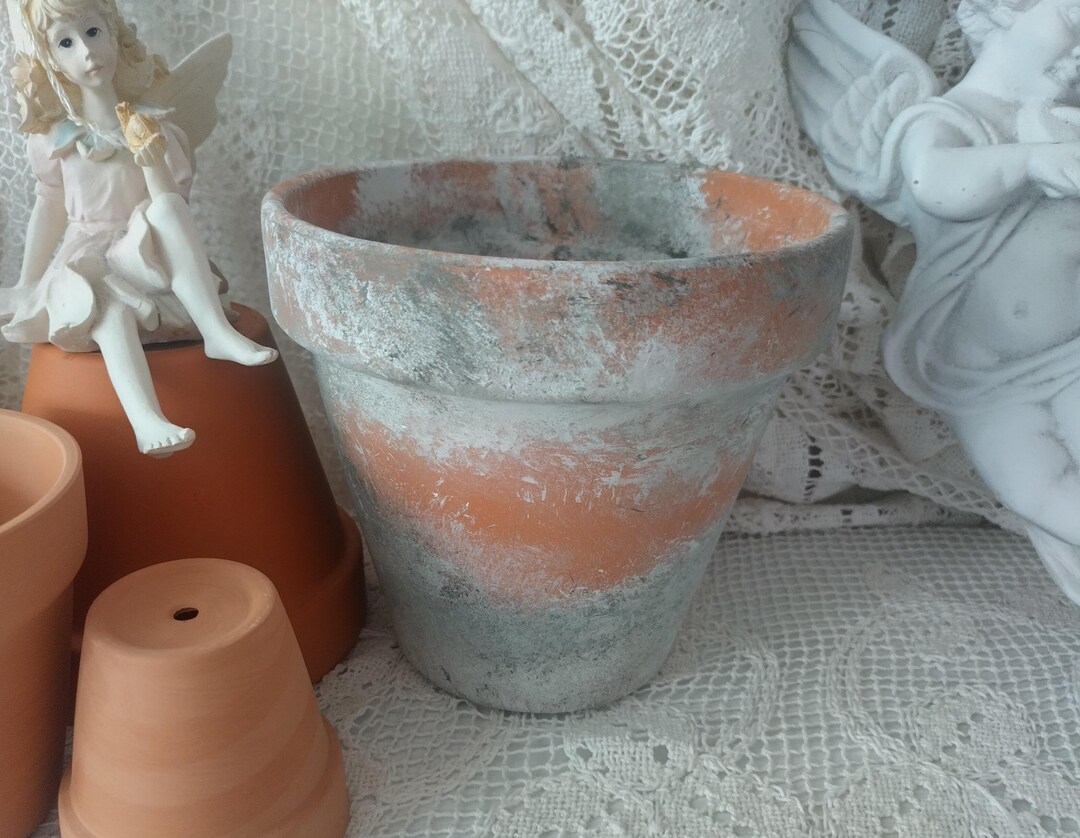Farmhouse Vintage Look Aged Painted Green and White Terracotta Planter ...