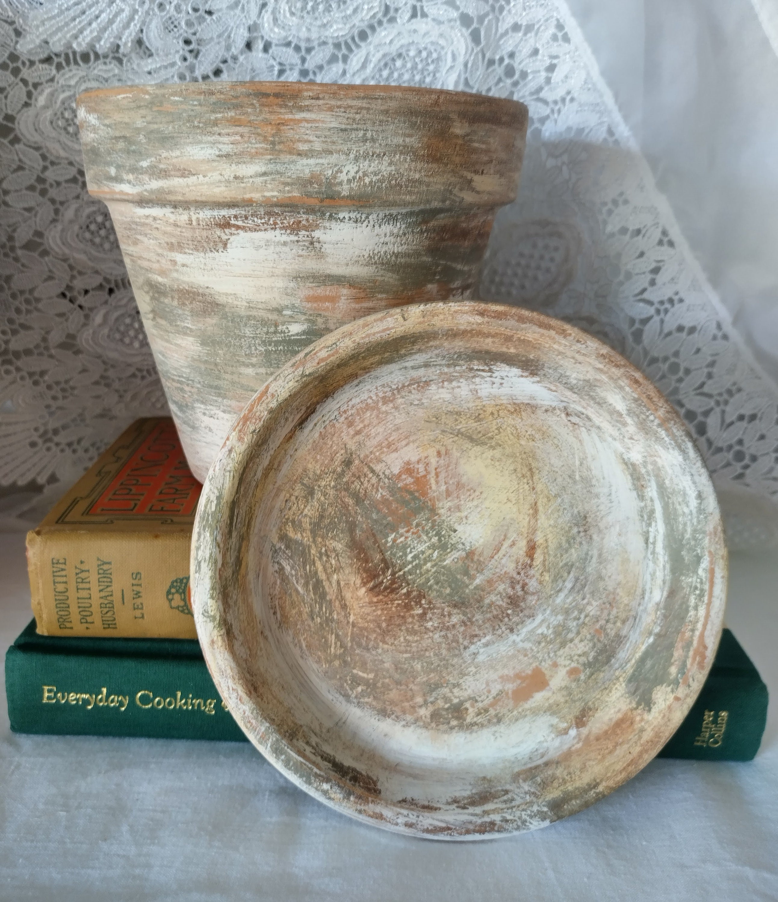 Hand Painted Aged Look, Distressed Terracotta Clay Pots, Saucers, 4 or ...