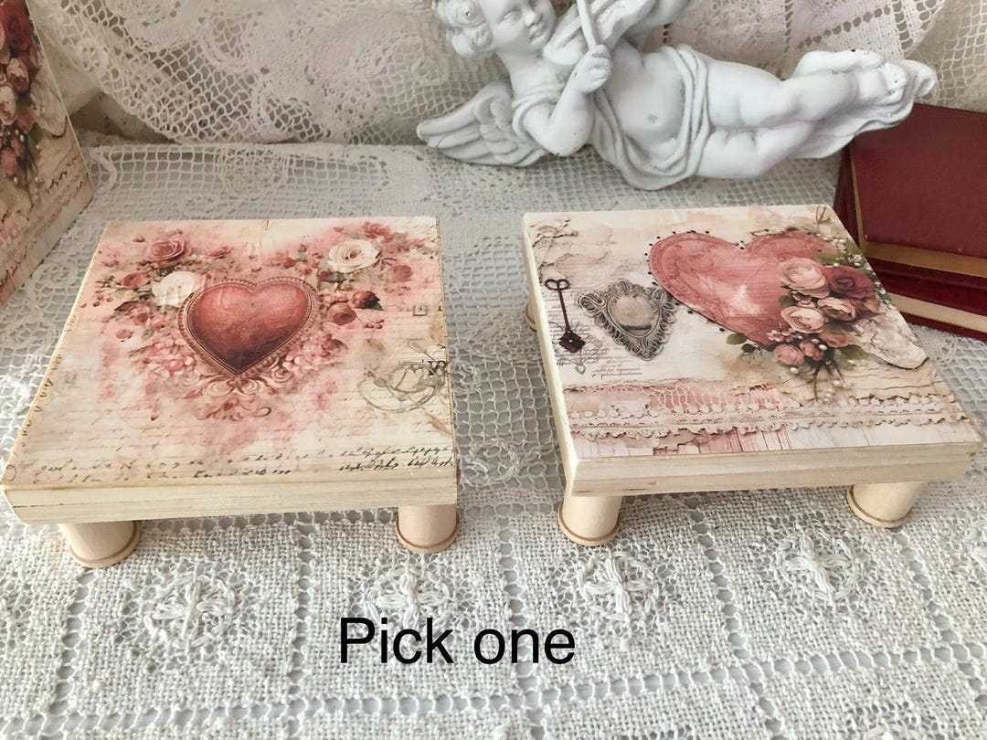 Small 5 Inch Wood Riser, Roses and Heart, OR Heart and Key, Shabby Chic ...