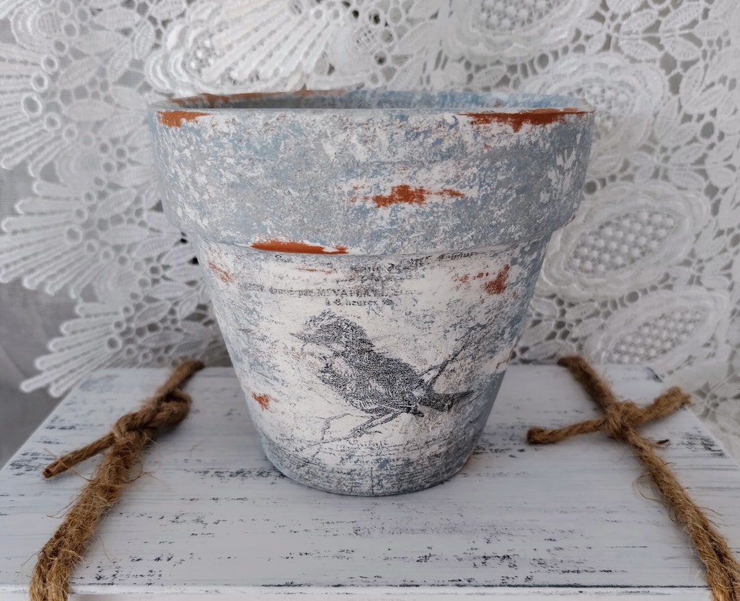 French Country Bird, Terracotta Planter, Rustic Songbird, Blue, Gray ...