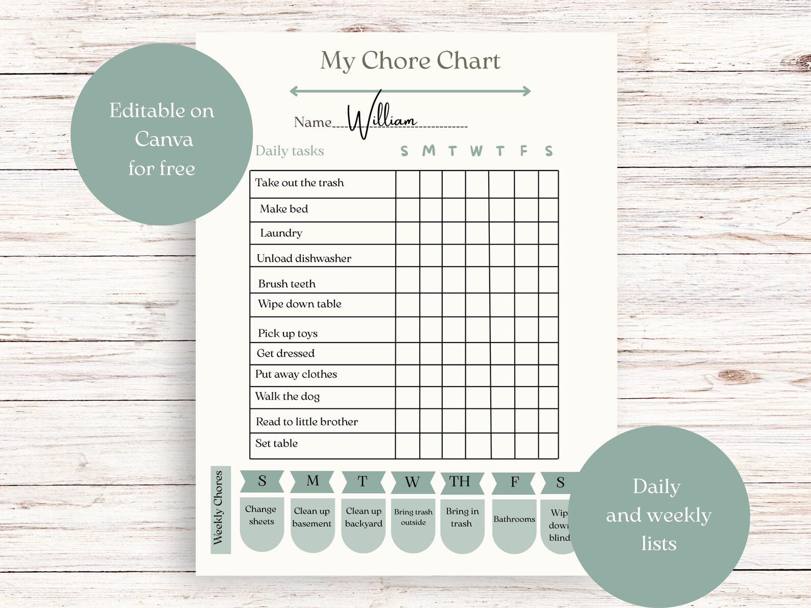 Editable Chore Chart Printable With Daily and Weekly Tasks Customizable ...