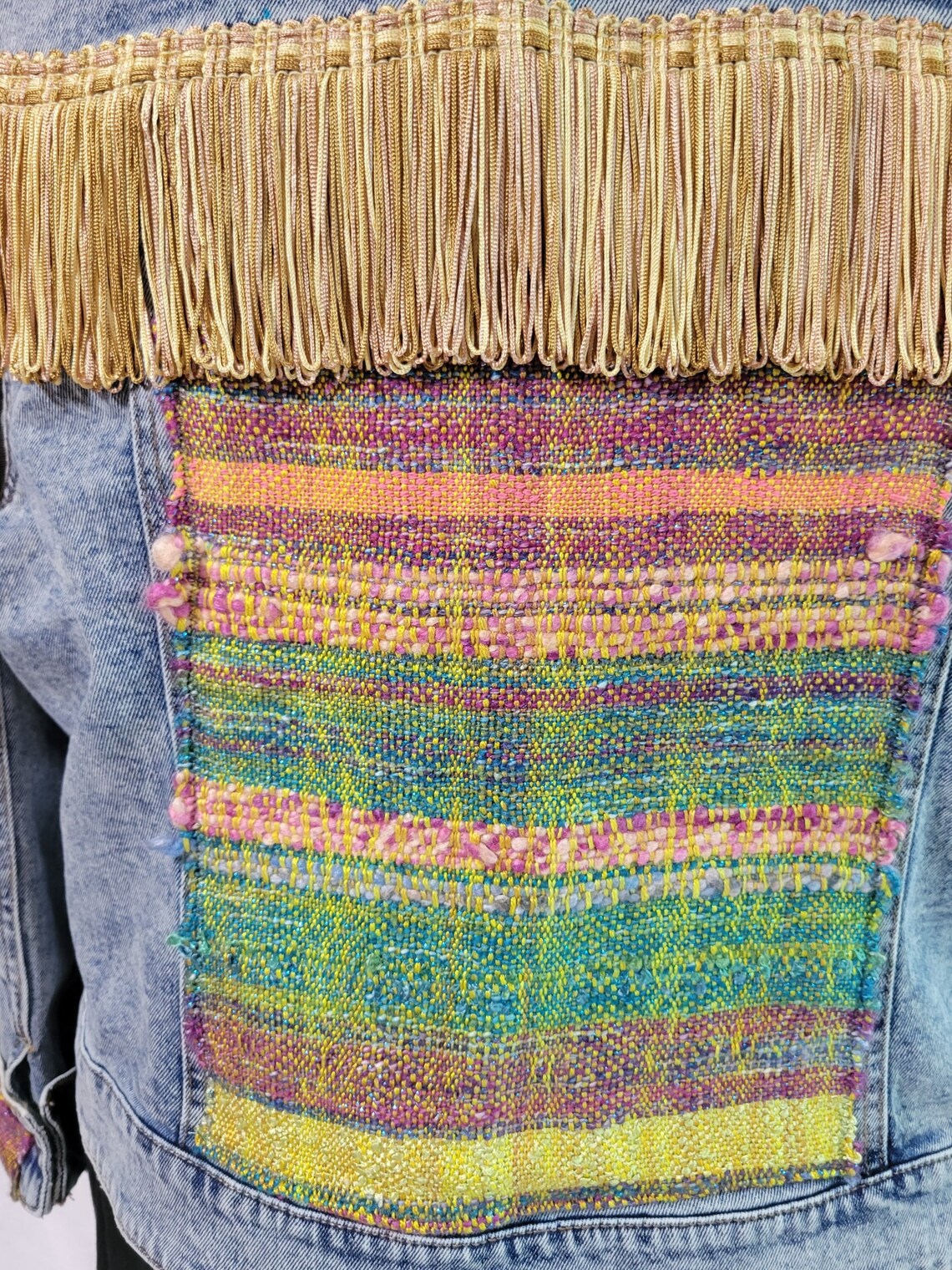 Fringed Denim Jacket Embellished With Embroidery and Handwoven Cloth ...