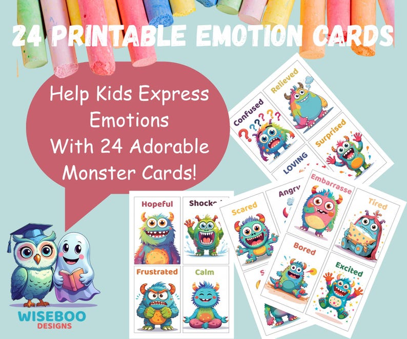 Printable Monster Emotion Cards for Kids – 24 Cute Feelings Flashcards ...