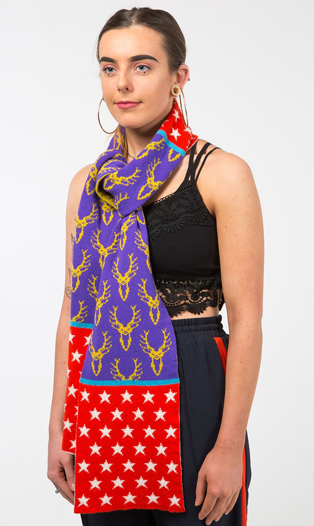 Knitted Stag Head Scarf Long Wool Scarf Purple Wool Scarf Scottish ...