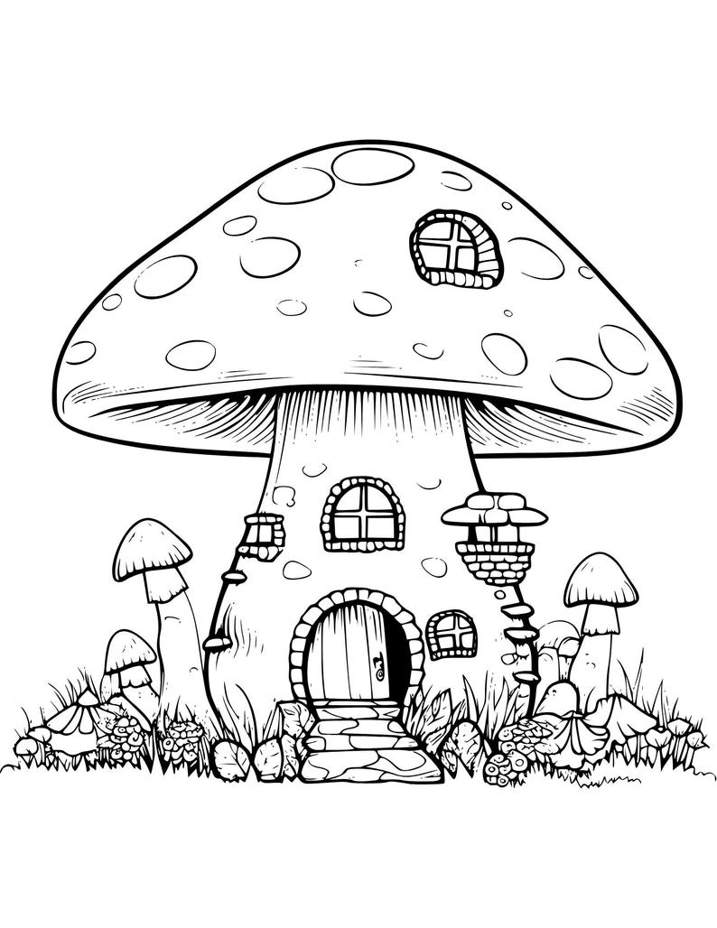 10 Whimsical Mushroom House Coloring Pages - Etsy