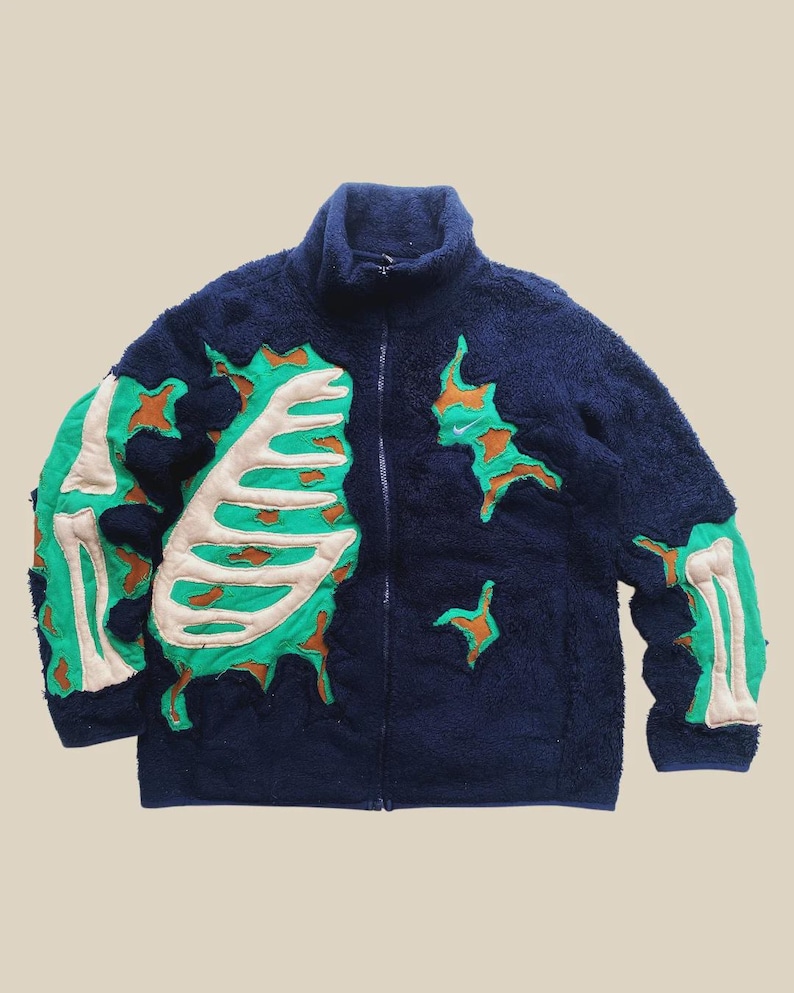 1 of 1 Reworked / Upcycled Nike 3d Puff Skeleton Navy Sherpa Jacket ...