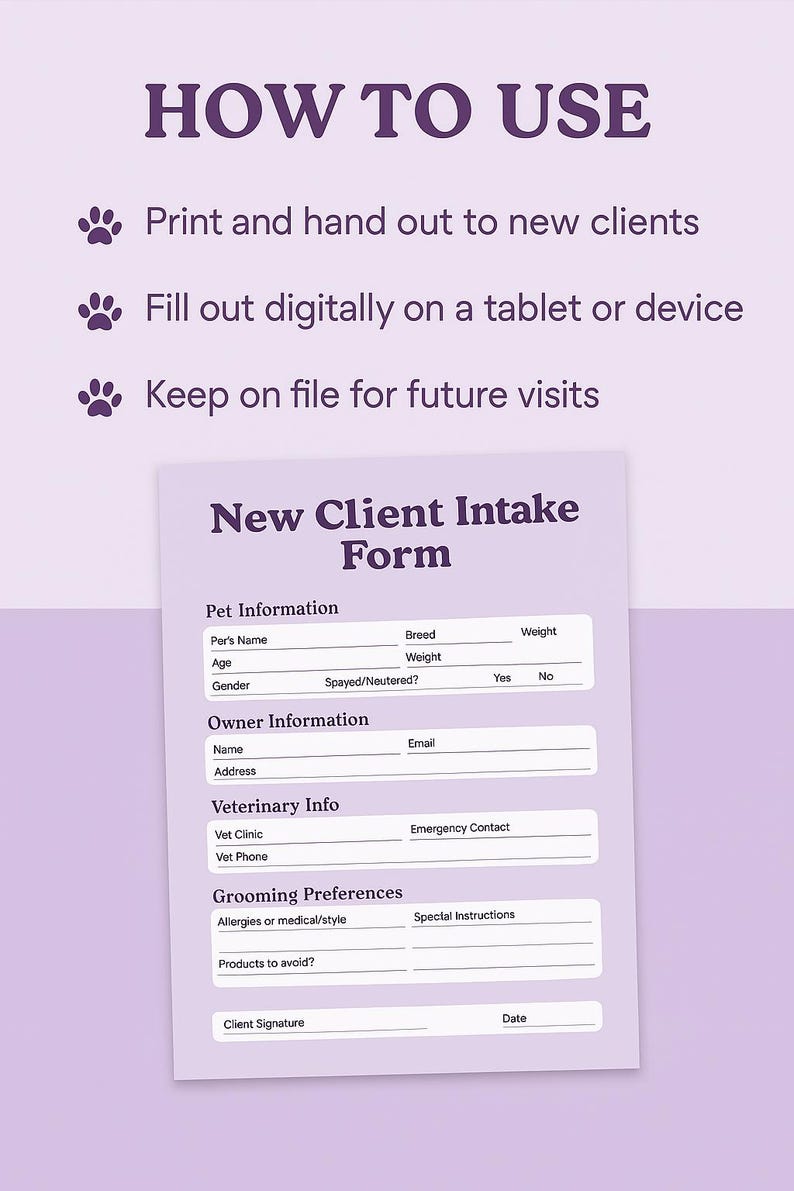 New Client Intake Form for Dog Grooming Salons | Printable PDF | Pet ...