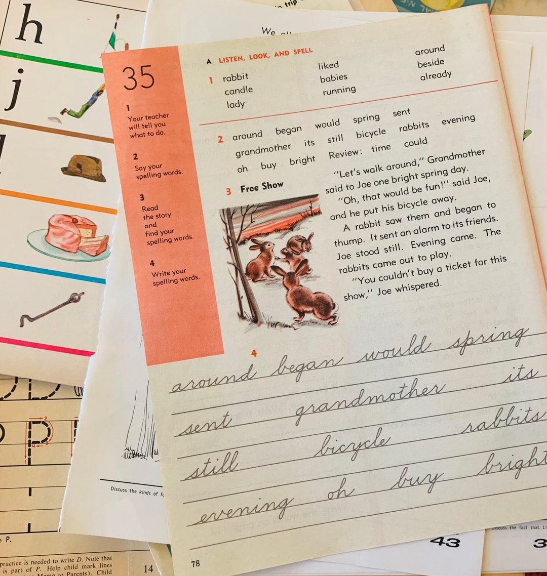 Vintage 1940s-1970s Childrens Workbook Pages Elementary School Reading ...