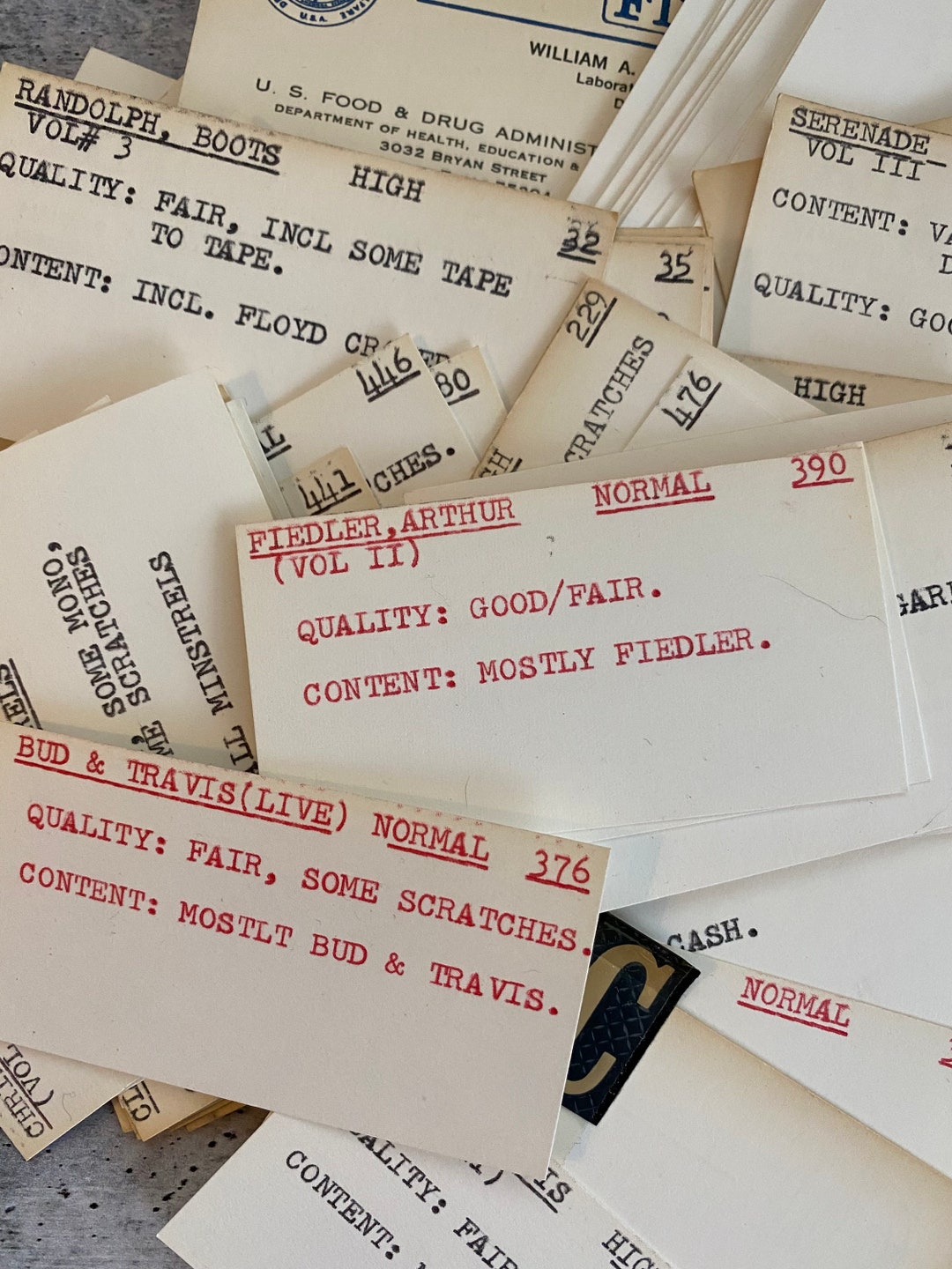 12 Pieces Vintage Red Black Typed Collection of Music Index on Old ...