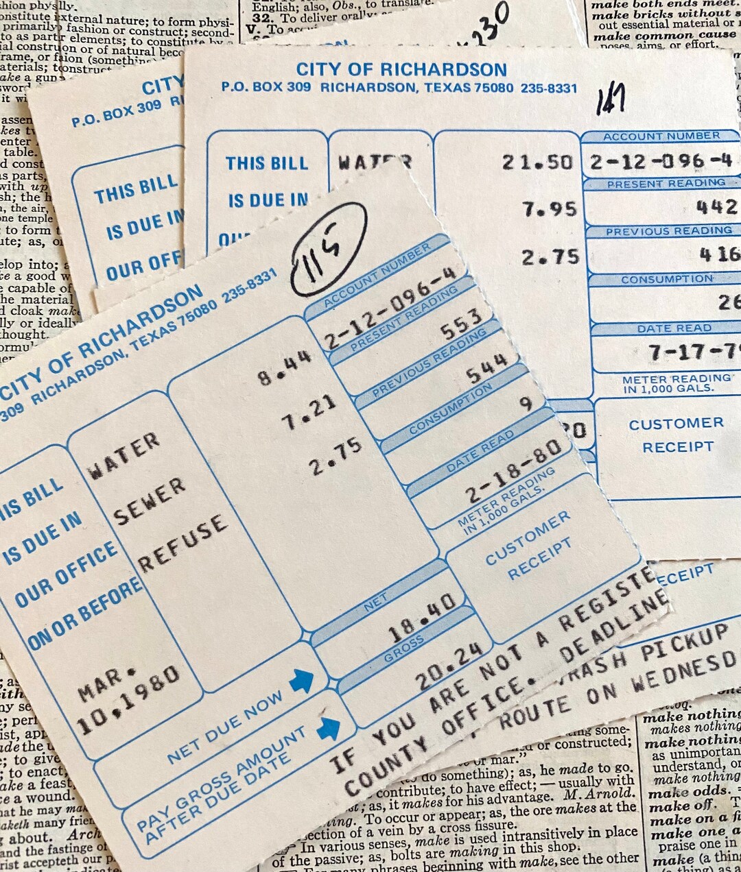 Vintage Water Bill Ephemera Utilities IBM Punch Card Electric Receipt ...