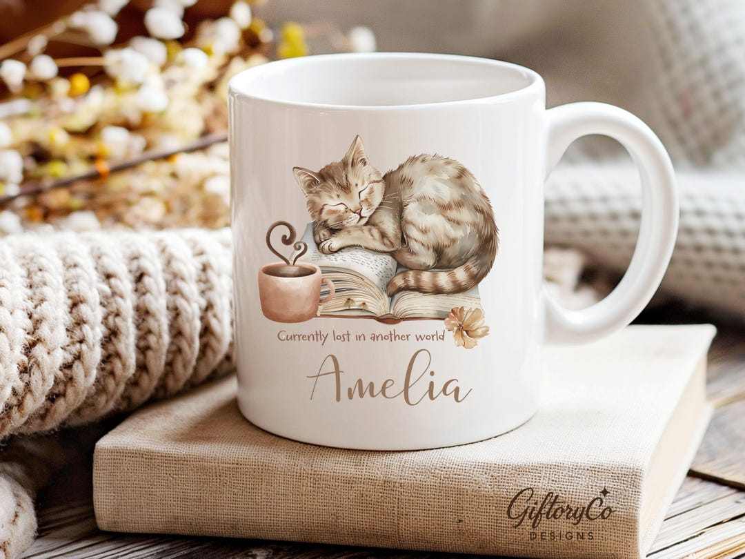 Personalized Cat Book Coffee Mug With Name, Book Lover Cup Fall Style ...