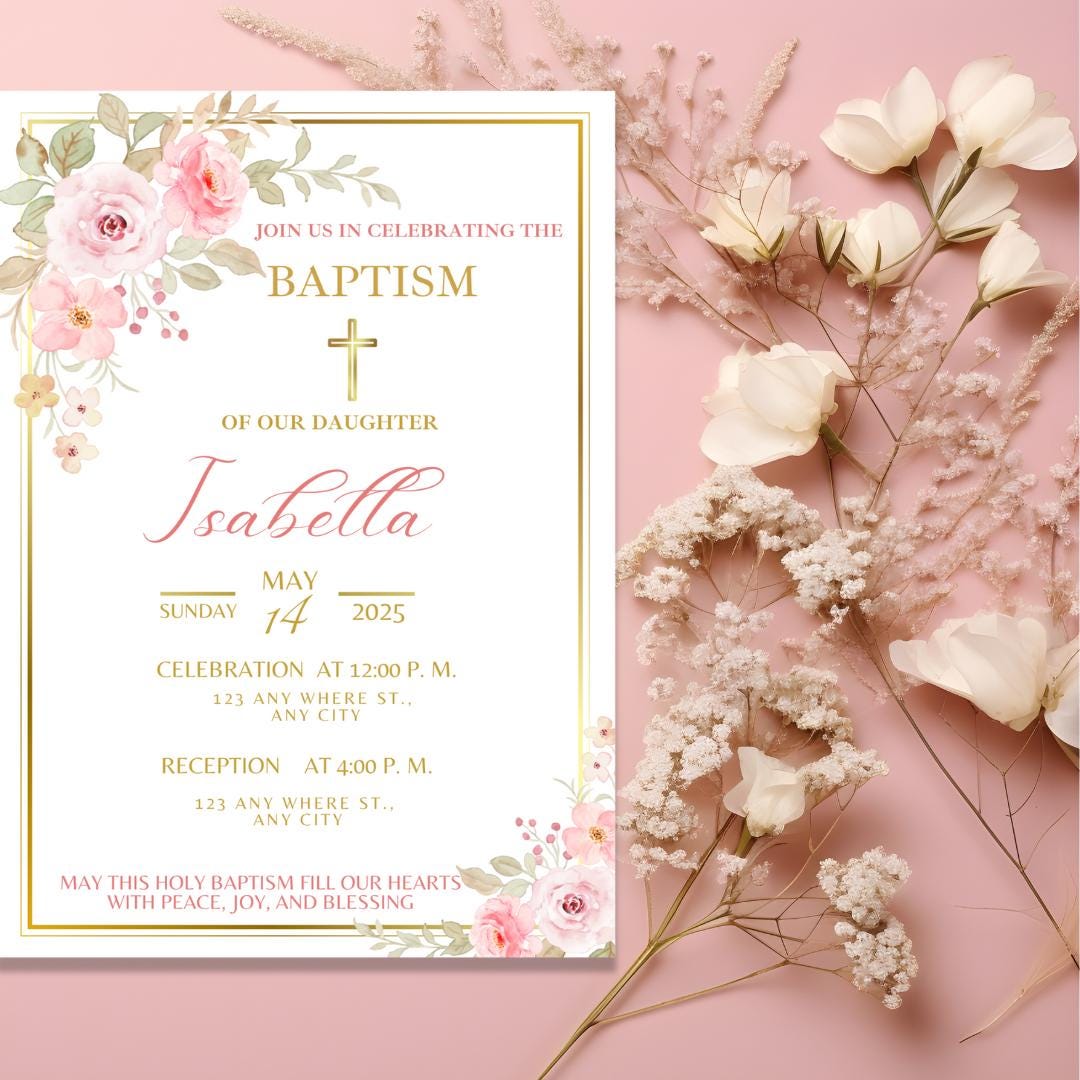 Girls Baptism Invitation Template – Elegant Pink, White & Gold Floral ...